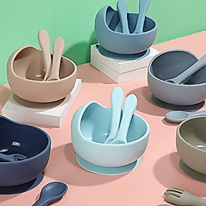 Yaomiao 6 Sets Baby Suction Bowl Silicone Dishware Bowls for Baby Toddlers with Spoons Forks Inwardly Curved Food Bowl Non Slip Baby Dishes and Utensils Baby Eating Supplies, 6 Colors (Fresh Color)
