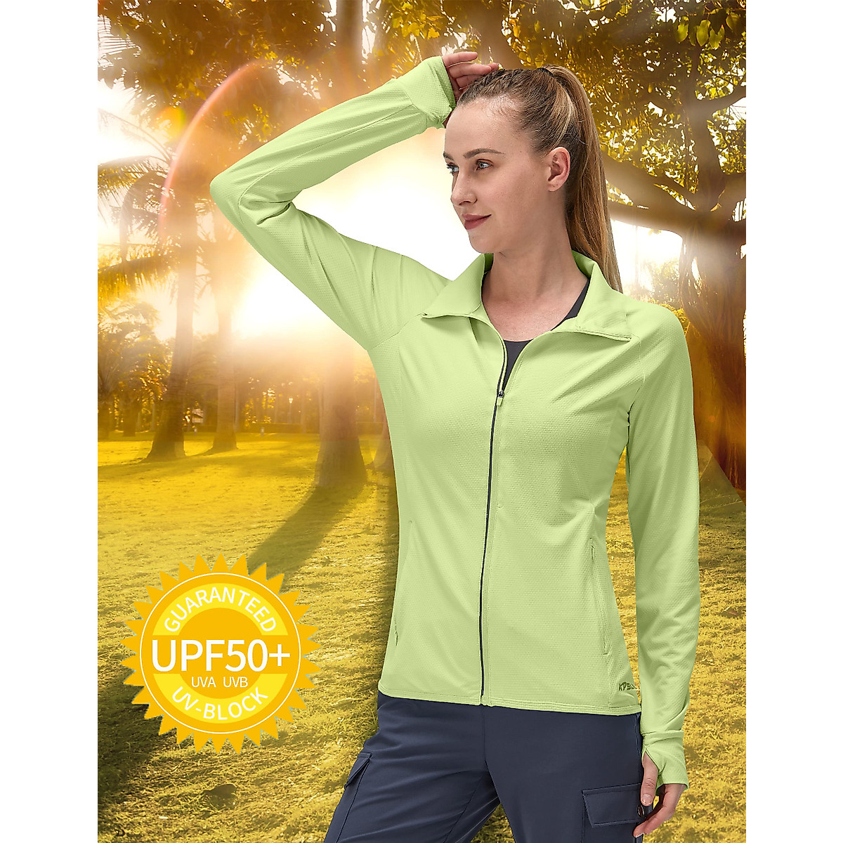 Women's UPF 50+ UV Sun Protection Clothing Long Sleeve Athletic Hiking Shirts Lightweight SPF Zip Up Outdoor Jacket(Green,XL)