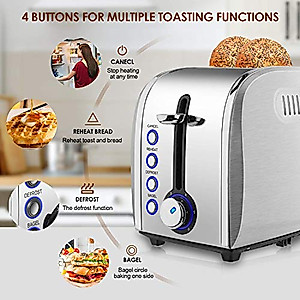Toaster 2 Slice Best Rated - Stainless Steel Toaster Easy To Use with Removable Crumb Tray Two Slice Toaster with 2 Slice Extra Wide Slots for Bagels, Cancel/ Defrost/ 6 Bread Shade Settings/ Reheat Function