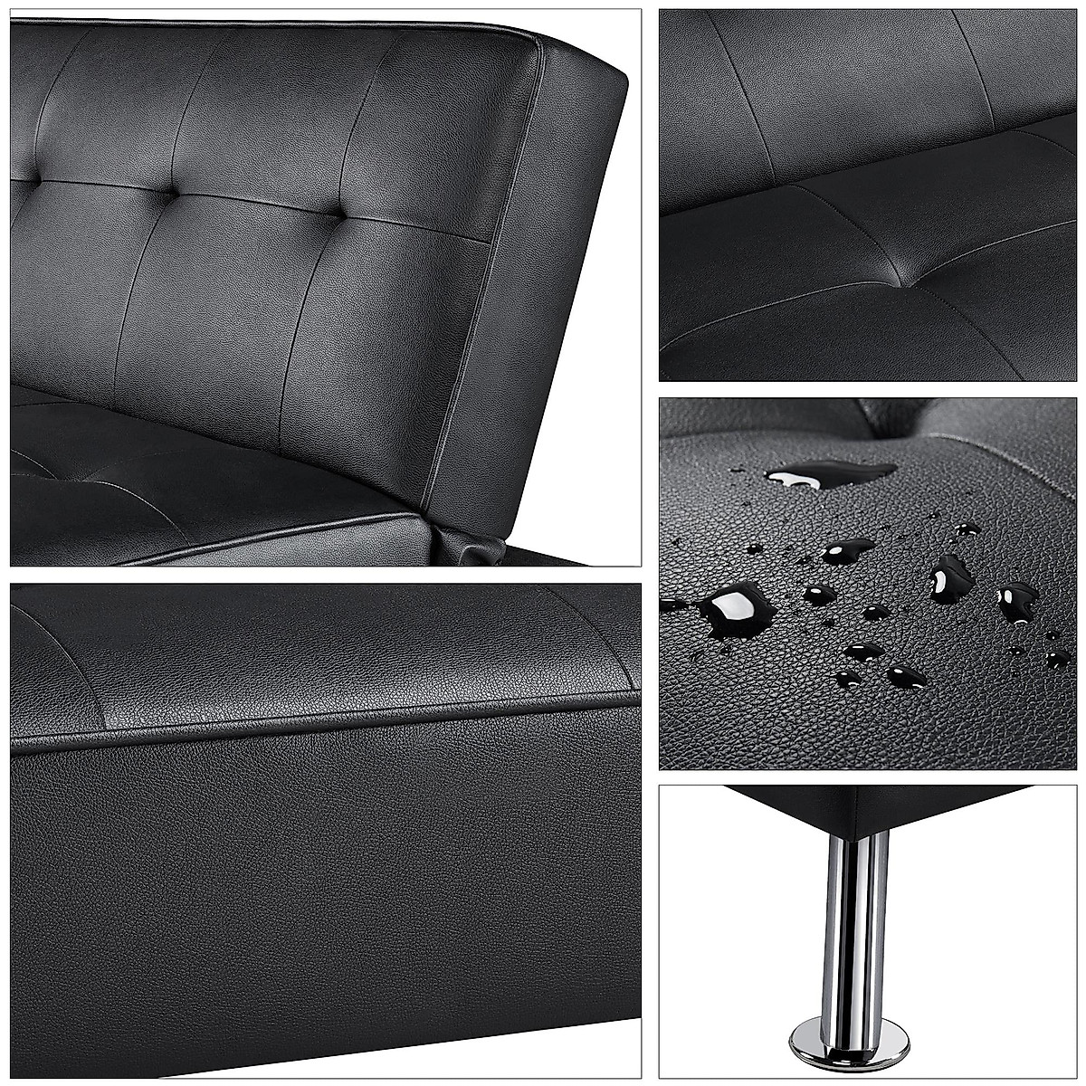 Topeakmart Tufted Faux Leather Sofa Couch Foldable Sofa Sleeper Bed Black Guest Couch Bed Converts to Recliner and Bed