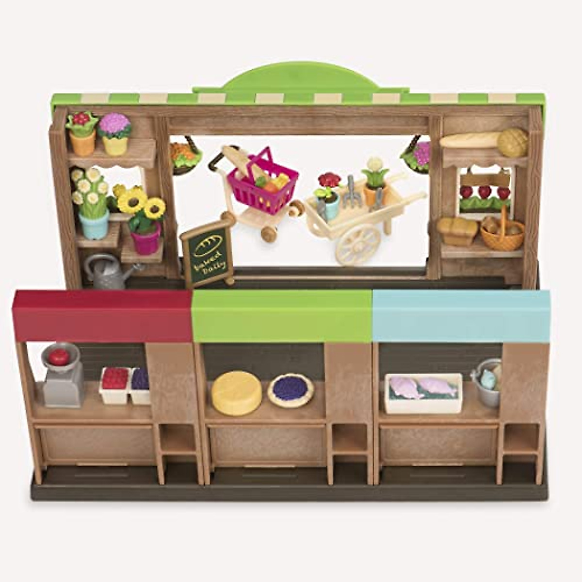 Li'l Woodzeez Store Playset – Hoppin' Farmers Market – 97pc Toy Market Set with Play Food and Shopping Accessories – Toys for Kids Aged 3 and Up