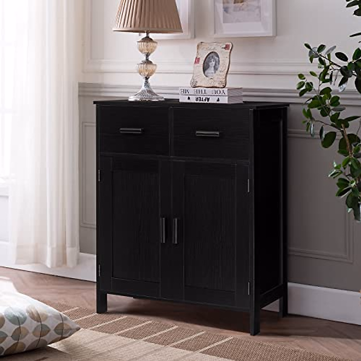 Quimoo Storage Cabinet, Bathroom Floor Cabinet with 2 Doors & Adjustable Shelves, Bathroom Storage Cabinet with 2 Doors for Living Room, Home Office, Black