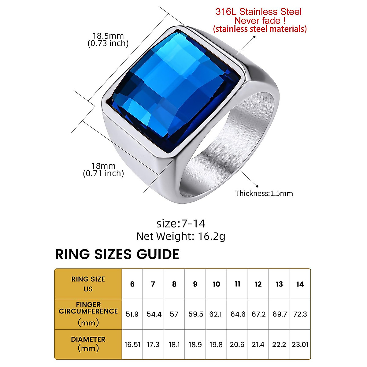 KeyStyle Blue Sapphire Large Rings For Men, Diamond Cut Created Stone Signet Rings Size 12