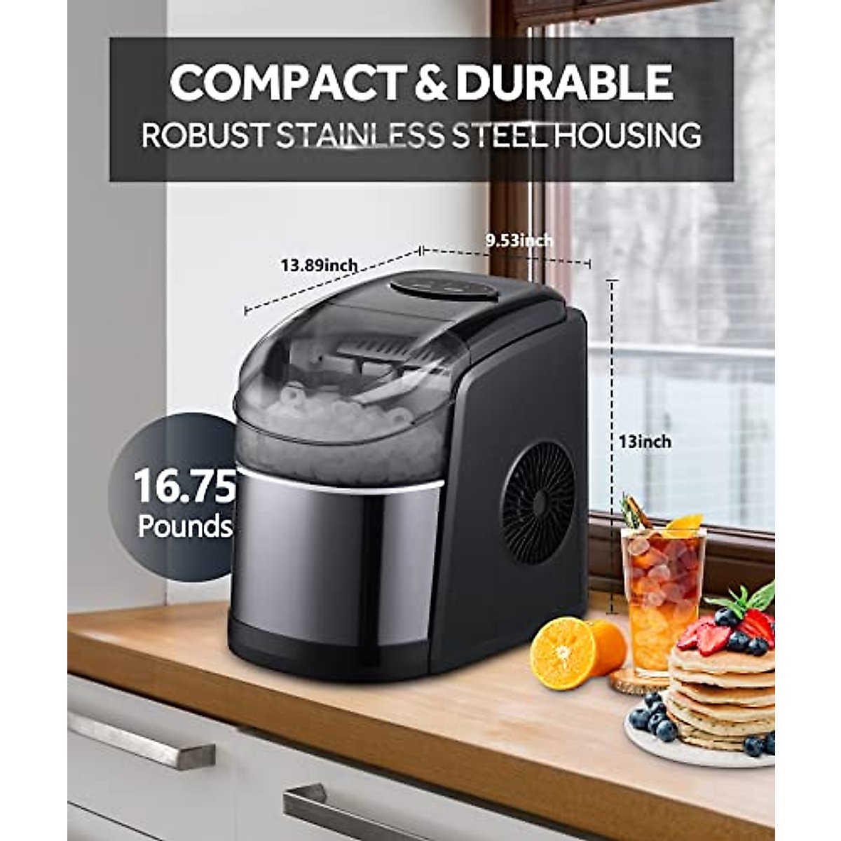 Countertop Ice Maker, FREE VILLAGE Ice Maker Machine for Countertop 9 Ice Ready in 6 Mins, 26Lbs/24H, Self-Cleaning Function, Portable Ice Maker with Ice Scoop & Basket for Home/Party/Camping (Black)