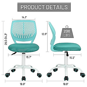 FurnitureR Desk Chair Small Study Chairs Armless for Child Kids Teens, Swivel Rolling Lightweight Task Chair with Wheels and Mesh Padded Cushion, Turquoise