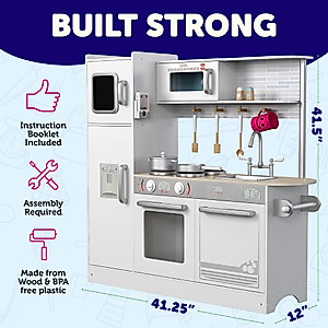 Play Kitchen - Wooden Kitchen Playset for Toddlers and Big Kids - Mini Pretend Toy for Boys and Girls with Cooking Stove, Oven, Pots, Pans, Phone, Microwave, Fridge, Sink, Utensils - Ages 3-8
