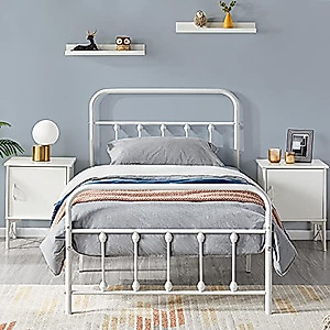 Yaheetech Classic Victorian Style Metal Platform Bed Frame Mattress Foundation Iron-Art Bed with Vintage Headboard and Footboard Under Bed Storage No Box Spring Needed White Twin