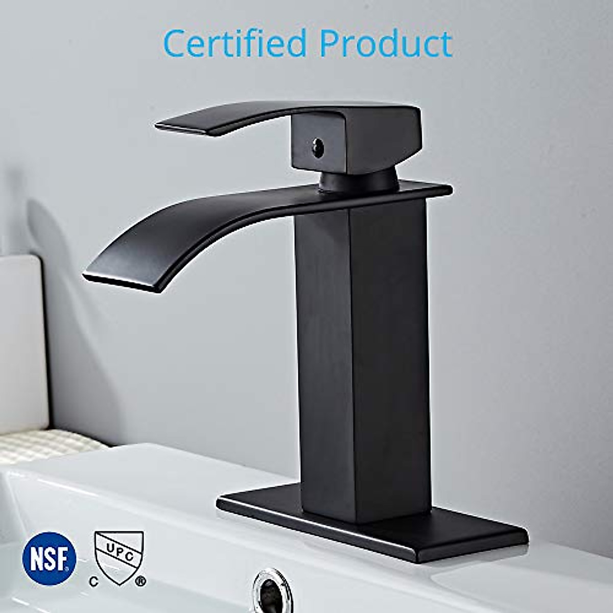 Wovier Matte Black Waterfall Bathroom Sink Faucet with Cover Plate,Single Handle Single Hole Brass Lavatory Vanity Faucet,Basin Mixer Taps with Supply Hose