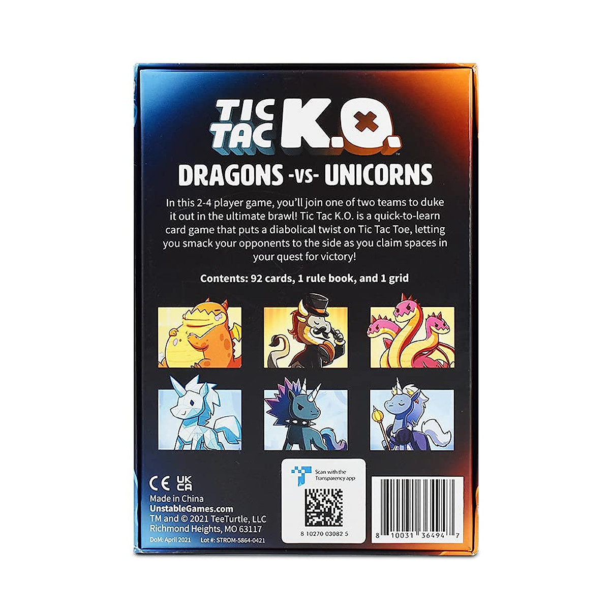 Unstable Games - Tic Tac K.O. : Dragons vs. Unicorns Base Game - Quick-to-learn team card game for kids, teens, & adults - Adorably ruthless twist on Tic Tac Toe - 2-4 players - Great for game night