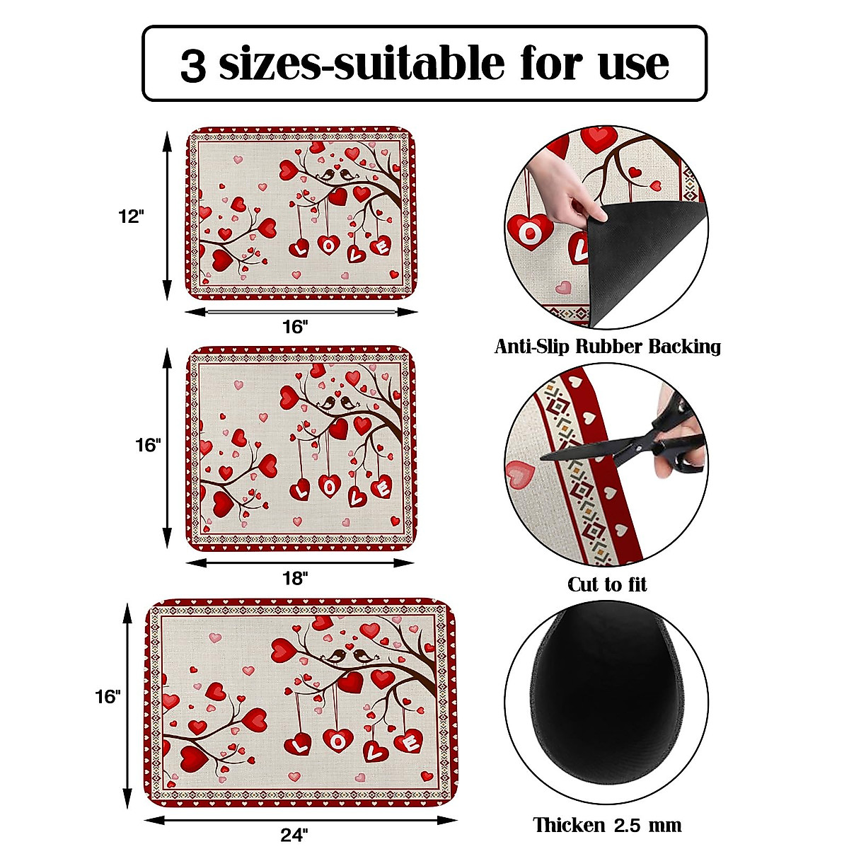 Valentines Day Dish Drying Mat for Kitchen Counter, Super Absorbent Quick Dry Coffee Bar Mat Pad Thin Diatomaceous Sink Mat Non Slip Dish Drainer Mat 12''x16'' Romantic Love Heart Tree Red