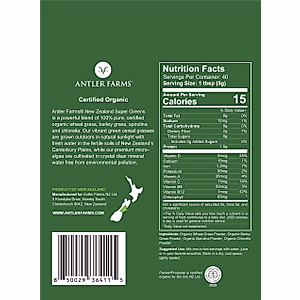 Antler Farms - 100% Pure Organic New Zealand Super Greens Powder, 40 Servings, 200g - Wheat Grass, Barley Grass, Chlorella, Spirulina - Vegan, Gluten Free, Chlorophyll Rich, for Energy and Detox