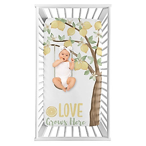 Sweet Jojo Designs Lemon Floral Girl Fitted Crib Sheet Baby Toddler Bed Nursery Photo Op Yellow Green Beige White Watercolor Boho Bohemian Farmhouse Fruit Tree Flower Blossom Botanical Love Grows Here