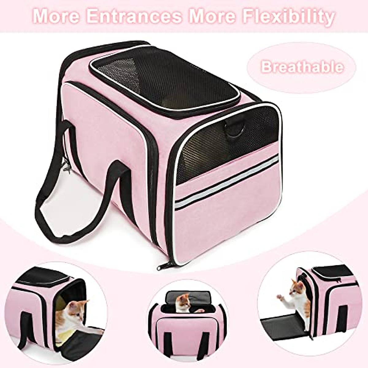 Cat Carrier Airline Approved Pet Carrier, Expandable Foldable Soft-Sided Dog Carrier, 3 Open Doors, 2 Reflective Tapes, Pet Travel Bag Safe and Easy for Cats and Dogs(Pink)