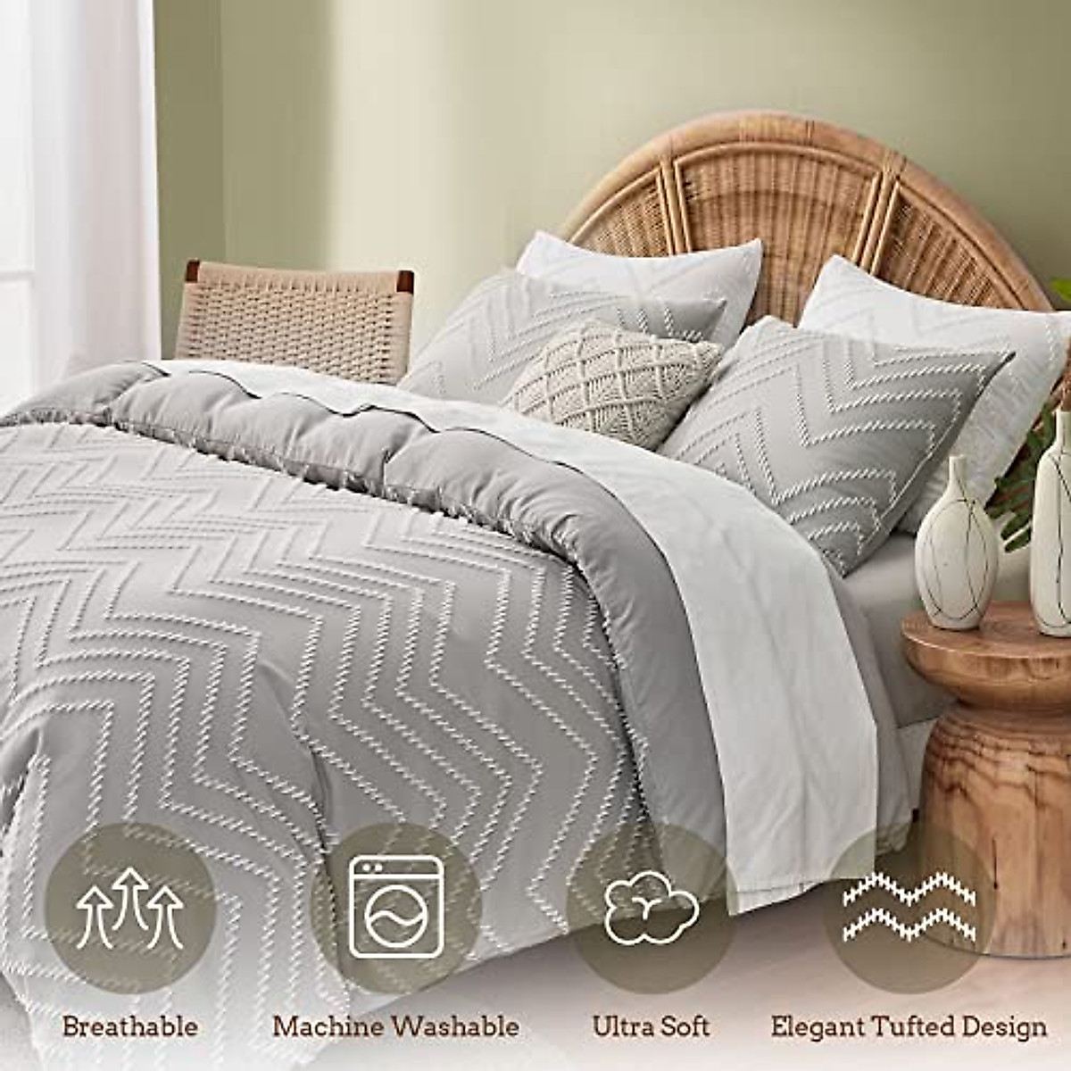 Tametra Boho Duvet Cover Queen - Tufted Queen Duvet Cover,Textured Duvet Cover, Ultra Soft Shabby Chic Embroidery Duvet Covers for All Seasons PCS 90" x 90"(Gray)