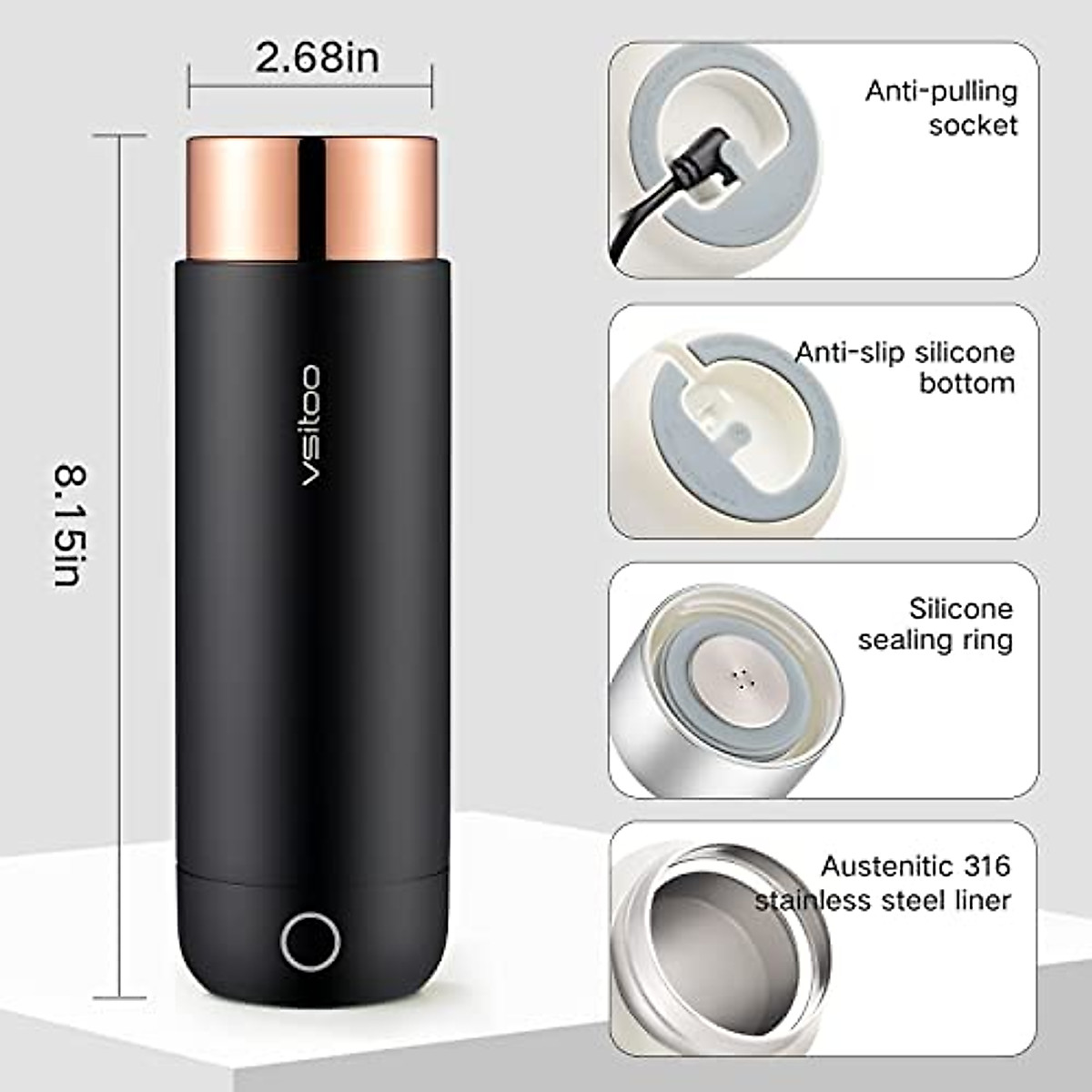 VSITOO Car Electric Kettle Travel Kettle Mini Tea Kettle Electric Water Boiler With Automatic Shut off & Keep Warm, Electric 306 Stainless Steel Water Boilers with One Key to Boil Water, DC12V/24V