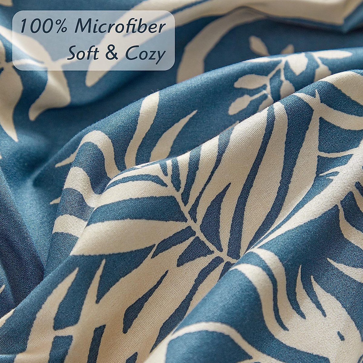 OLDBIAO Botanical Duvet Cover Set King Size, 3 Pieces Blue Floral Leaf Pattern Bedding Set with 2 Pillow Shams, Farmhouse Style Soft Microfiber Comforter Cover Set for All Season Use