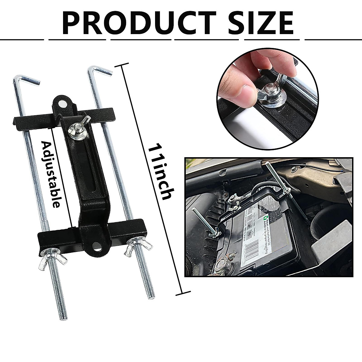 Kewucn Adjustable Battery Hold Down, Car Battery Tie Down Holder Kit, Universal Battery Crossbar with Stainless J Bolt, Automobile Battery Fixing Accessories for Cars, SUV, RV (11 inch bolts)