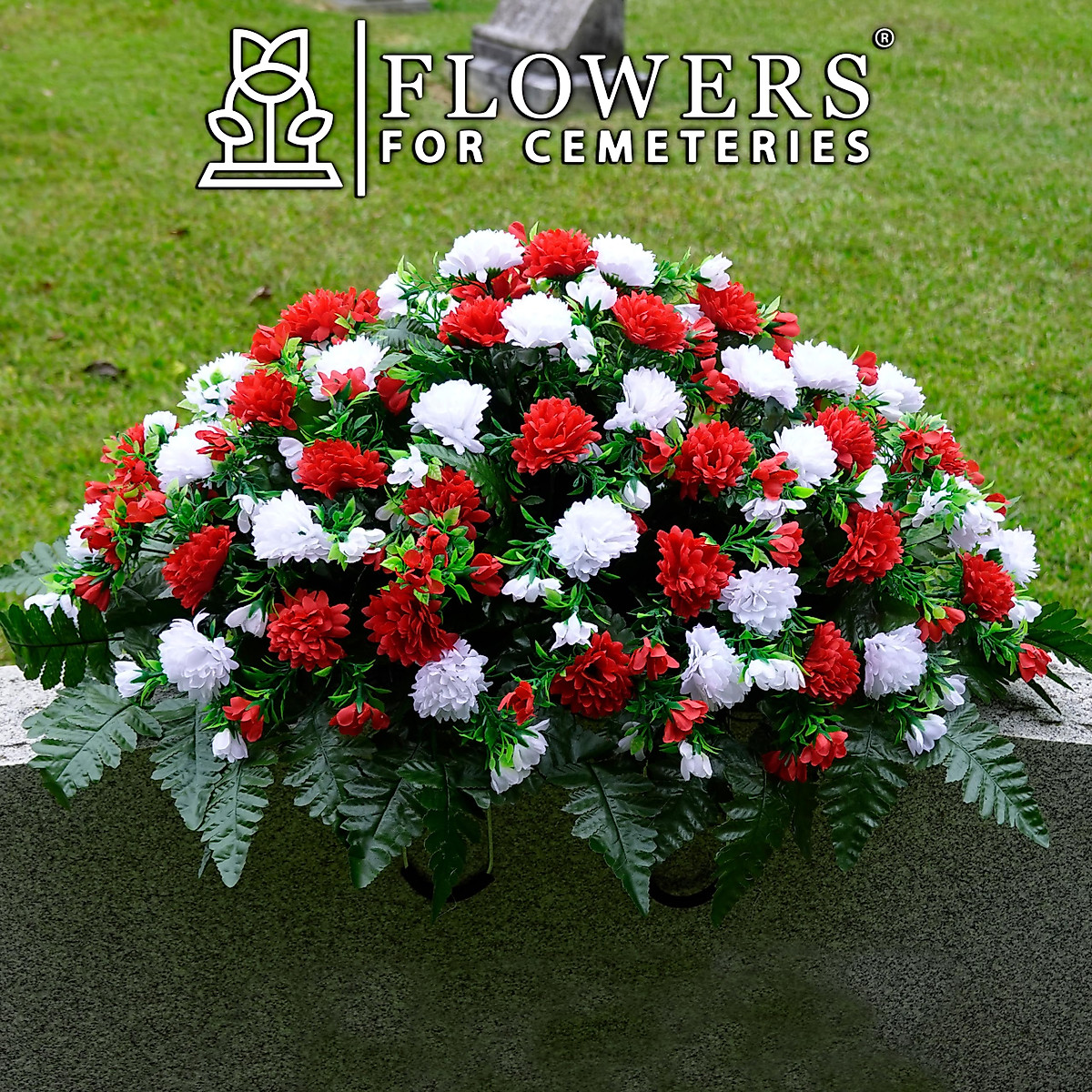 Sympathy Silks Artificial Cemetery Flowers - Grave Decorations Winter Memorial - Christmas Red and White Mums Saddle for Headstone