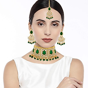 Aheli Bridal Kundan Faux Pearl Choker Necklace with Earrings Maang Tikka for Women Girls Indian Traditional Bollywood Fashion Jewelry Set Green