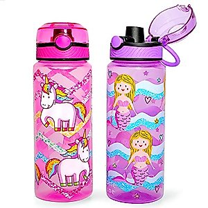 Home Tune 23oz Kids Water Drinking Bottle 2 Pack - BPA Free, Auto Push Button, Chug Lid, Carry Loop Lightweight, Leak-Proof Water Bottle with Cute Design For Girls & Boys - Unicorn & Mermaid