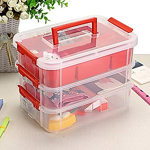 BTSKY 3 Layer Stack & Carry Box, Plastic Multipurpose Portable Storage Container Box Handled Organizer Storage Box with Removable Tray for Organizing Sewing, Art Craft, Supplies Red