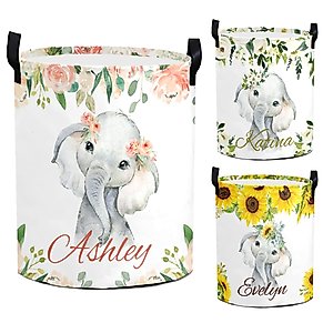 Personalized Baby Laundry Hamper Custom Nursery Hamper with Names for Girl Foldable Storage Organizer with Handles (Elephant)