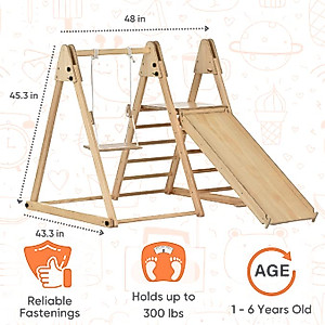 Avenlur 4-in-1 Juniper Indoor Play Gym - Jungle Gym Playset with Baby Swing, Slide, Ladder, and Climbing Wall - Foldable Wooden Playset - Indoor Jungle Gym for Kids Ages 18mo to 6yrs
