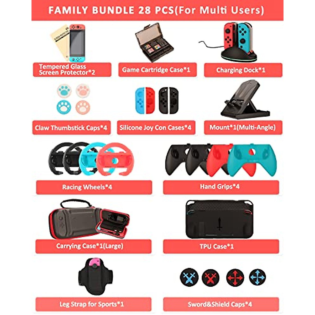 Switch Accessories - Family Bundle Accessories for Nintendo Switch, Carry Case& Screen Protector,4 Pack Joy Con Grips and Steering Wheels, Case Cover,Stand Mount,Joy Con Charger and More.