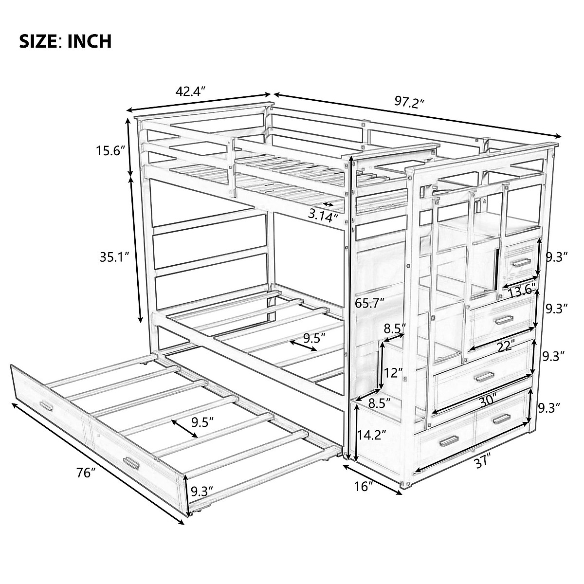 Twin Over Twin Bunk Bed with Twin Size Trundle, Solid Wood Bunk Beds with 4 Storage Drawers, Staircase and Safety Guard Rail, No Box Spring Needed (White)