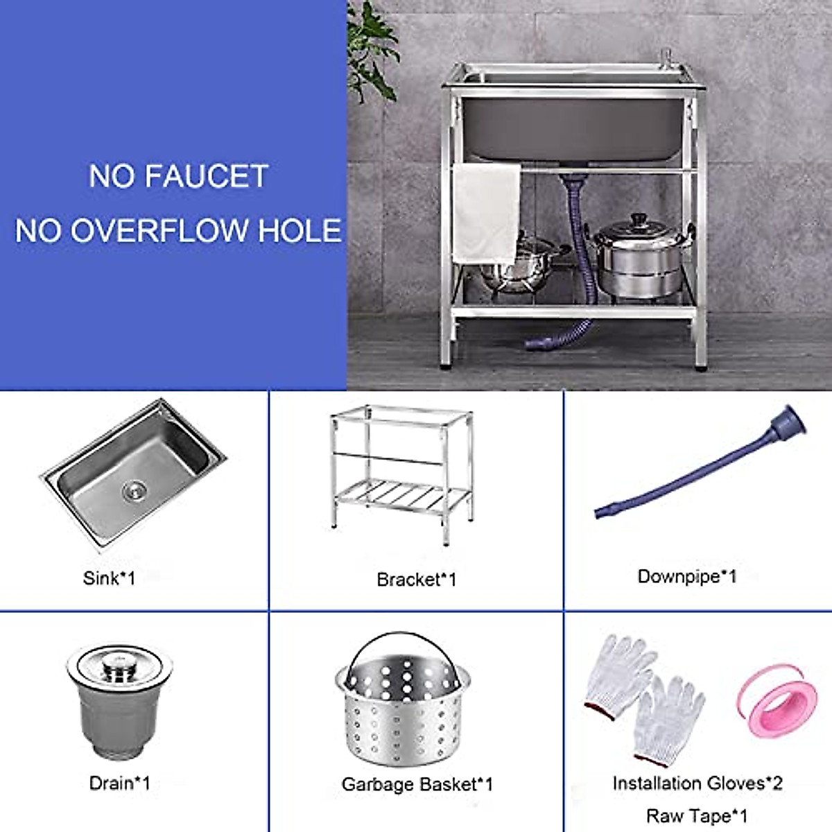 Free Standing 304 Stainless Steel Utility Sinks,Commercial Sink for Restaurant, Commercial Sink with Faucet,Unit with Cold and Hot Water Tap for Outdoor,1 Compartment,Easy To Clean. (Color : No fauce