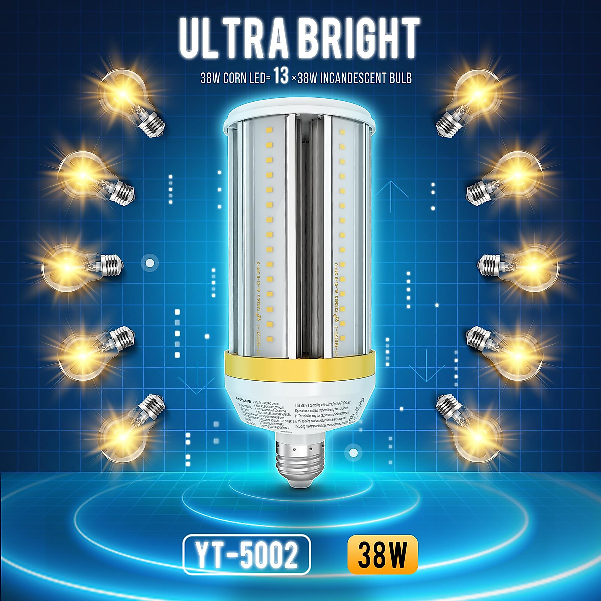 Snyloe 38W LED Corn Light Bulb, 5000LM 5000K Daylight, E26/E39 Base, Super Bright, Equivalent to 500W HPS, Suitable for Outdoor, Indoor, Garage, Factory, Yard, YT-5002