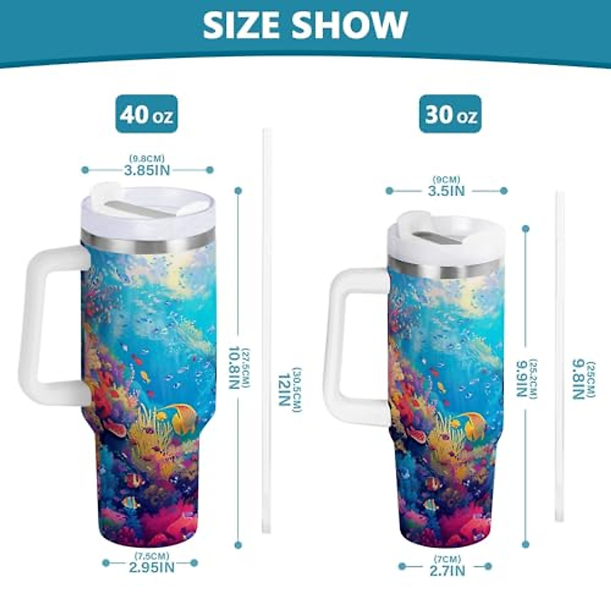 ODAWA a Vibrant and Colorful Underwater Scene Filled with Travel Coffee Tumbler with Straw and Lid Travel Mug 30 Oz Stainless Steel Cups