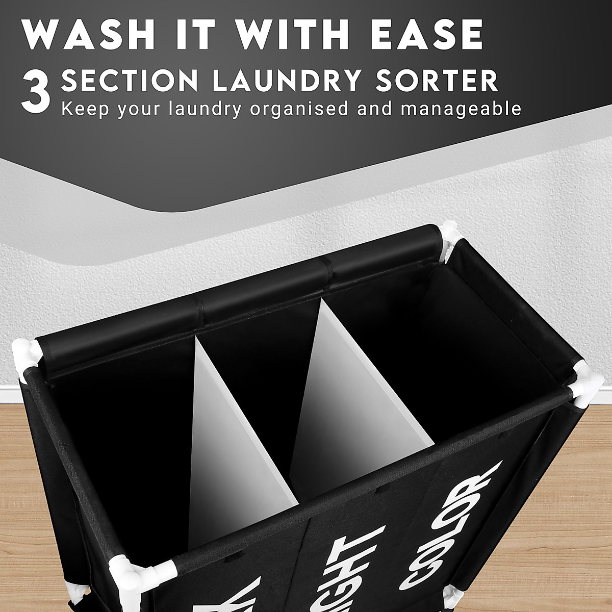 ZOES HOMEWARE Laundry Sorter 3 Section, 170L Laundry Cart with 3 × 15 Gal Compartment Laundry Hamper, Divided Laundry Separator, Laundry Basket Organizer, Black Laundry Hamper on Wheels