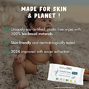 Eco by Naty Flushable Baby Wipes - Compostable and Plant-Based Wipes, Chemical-Free and Hypoallergenic Baby Wipes Safe for Baby Sensitive Skin, 42 Wipes Per Pack (12 Pk)