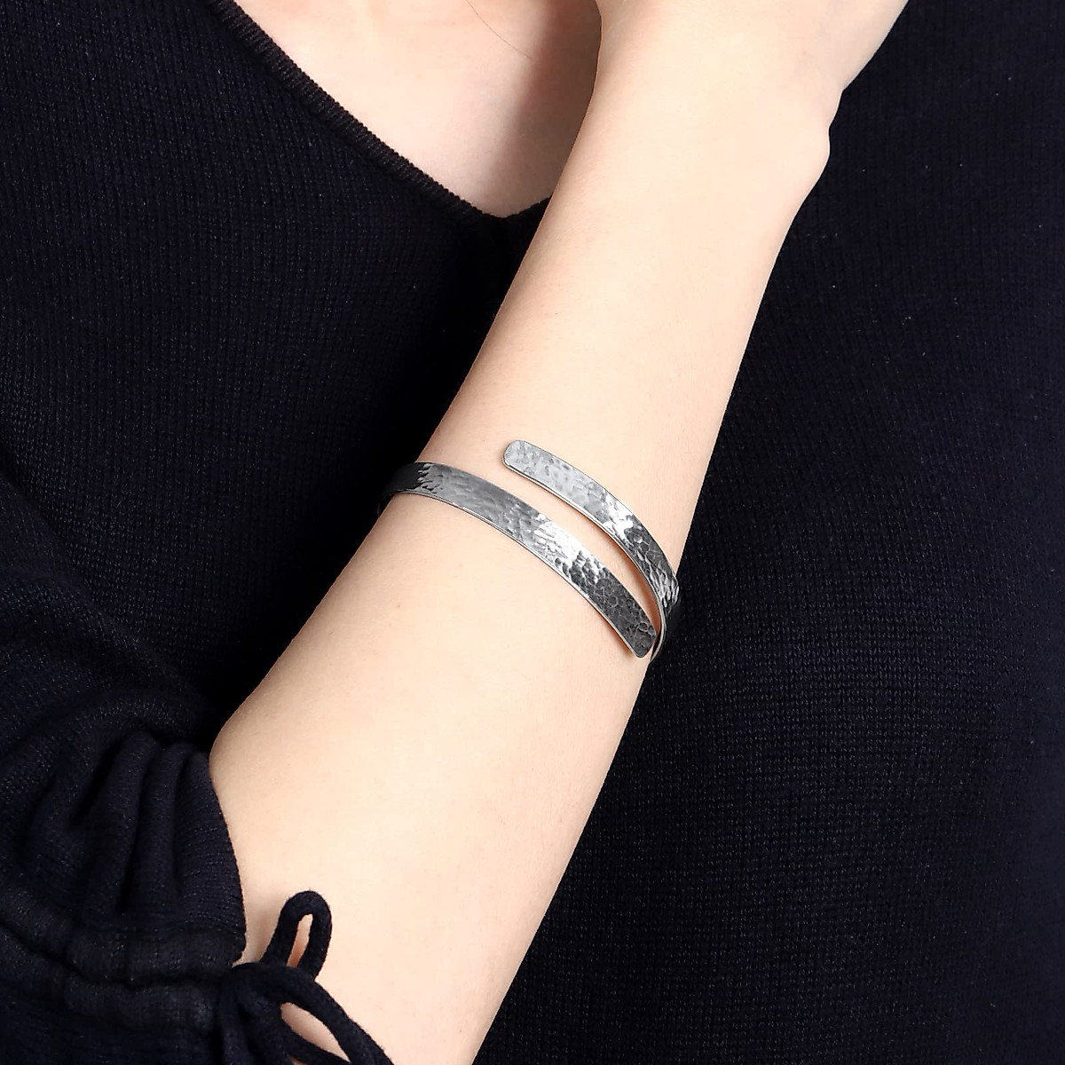 WOUOVO 925-Sterling-Silver Handmade Hammered Wide Cuff-Bangle-Bracelet - Inspirational Encouragement Mothers day Jewerly Gift for Women Grils Mom and Daughter (Best Fucking Bitches)