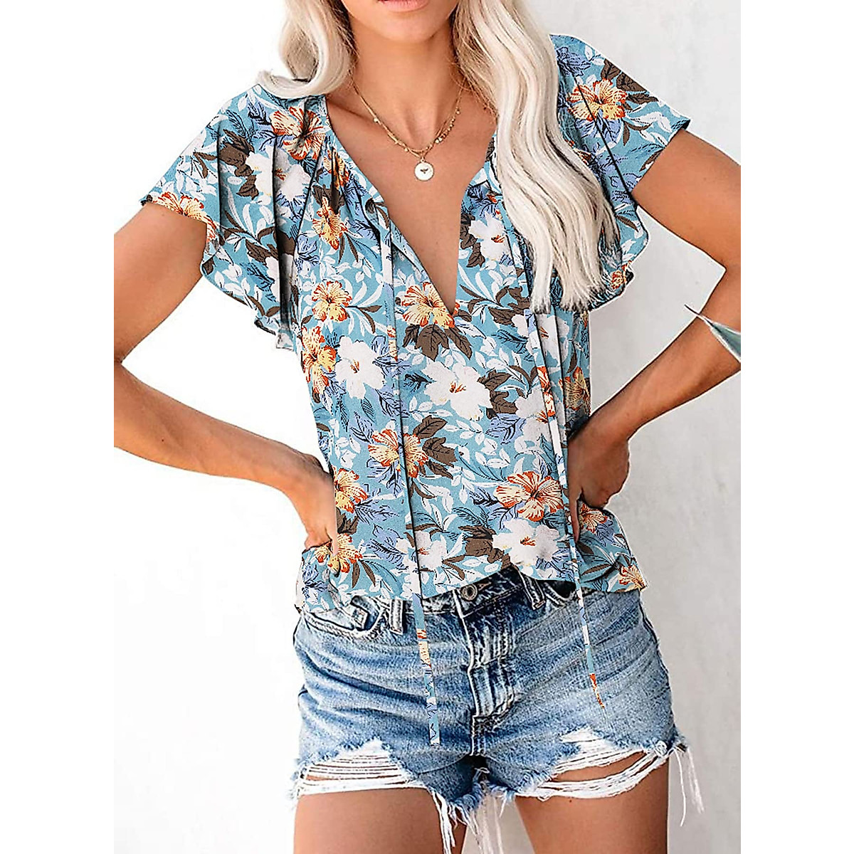 SimpleFun Hawaiian Shirts for Women Summer Casual Flowy Short Sleeve Boho Floral Blouses (Floral10,L)