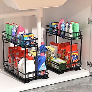 GMFINE 2 Pack Under Sink Organizer and Storage, 2 Tier Slide Out Undersink Cabinet Organizer Storage Organization with Hooks for Under Kitchen Bathroom Sink Storage Cleaning Supplies, Black