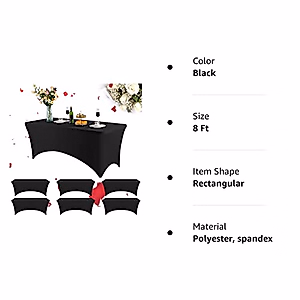 6 Pack Spandex Table Cover Fitted Spandex Tablecloths Stretch Table Cover Stretchy Table Cloth Washable Polyester Table Protector for Folding Rectangle Table, Wedding Party or Event(Black,8 Ft)