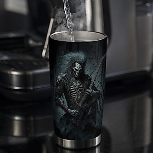 20oz Metal Rock Skull Reaper Electric Guitar Tumbler, Guitarist, Musician Gifts, Coffee Thermos for Men, Stainless Steel Double Wall Vacuum Insulated Coffee Mug, Travel Cup with Lid