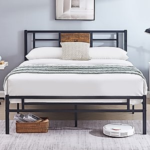 VECELO Queen Platform Bed Frame with Headboard, Heavy-Duty Mattress Foundation with Steel Slats Support, No Box Spring Needed/Easy Assembly, Black