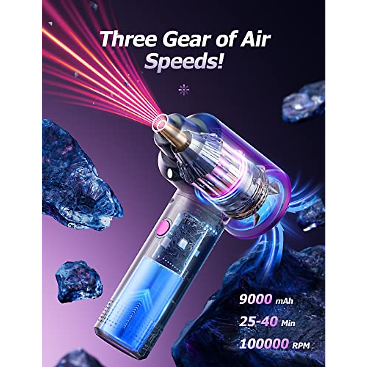 Evaline Compressed air Duster - 3 Gear Adjustable 100000RPM Electric with LED Light, Cordless Blower for Computer Keyboard Car Cleaning Kit 9000mAh Rechargeable Dust Remover, Black