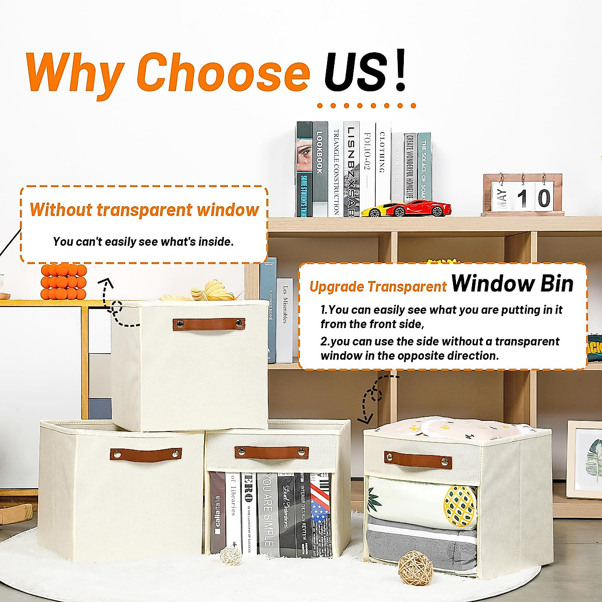 HNZIGE 11 Inch Cube Storage Bin for Storage Organizer,Shelf Fabric Storage Bin for Cube Organizer, Canvas Clear Cube Storage Bins,Collapsible Cubby Decorative for Cube Storage Cloth Home(Cream 4 PCS)