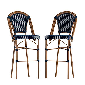 EMMA + OLIVER Soie Bistro Bar Stool - Stacking Indoor/Outdoor PE Rattan Bar Stool with Bamboo Finish Frame - 30" High - Set of Two - Navy/White