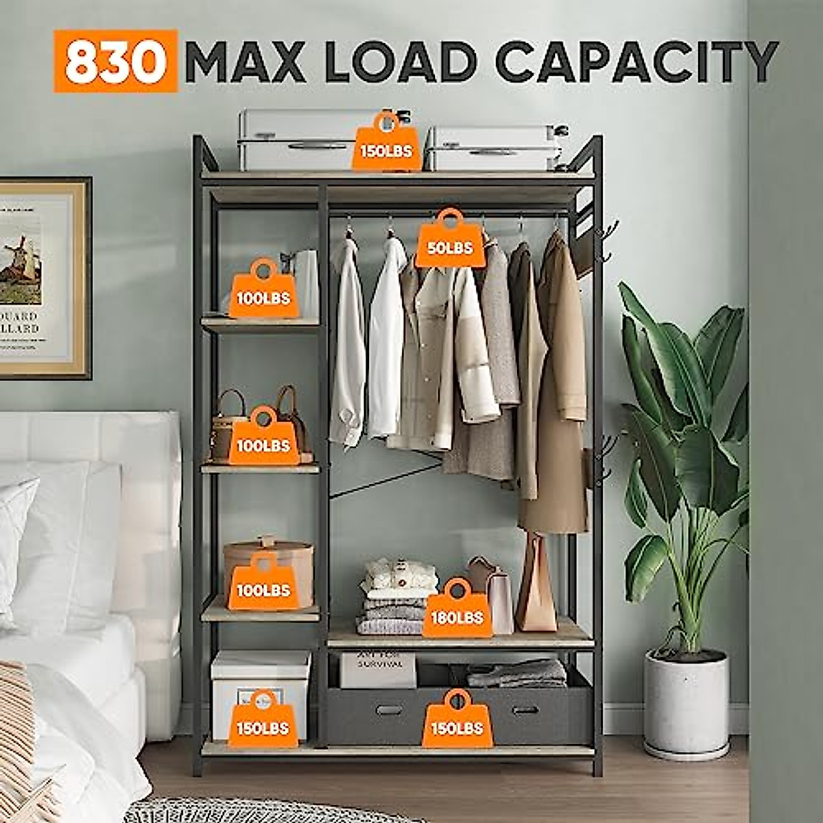 FreeStanding Clothing Rack Heavy Duty Closet Organizer with Shelves, 2 Fabric Drawers and 6 Hooks Clothes Wardrobe Closet Storage Rack,GREY