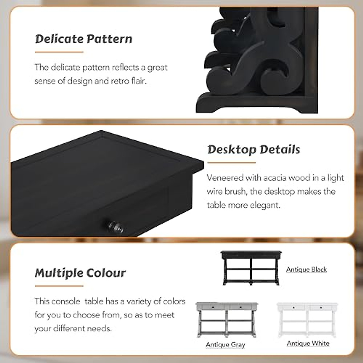 Rockjame Console Table, Retro Wood Sideboard with Ample Storage, Classic Accent Entryway Table with 2 Drawers and Open Adjustable Shelves for Entrance Dinning Room Living Room (Antique Black)