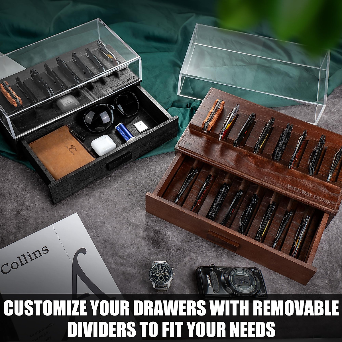 Pocket Knife Display Case for 16 Knives - Wooden Knife Collection Case Clear Cover - Two-Tier Knife Cases for Collections with a Removable Drawer Insert for Other EDC Items, EDC Case - Brown