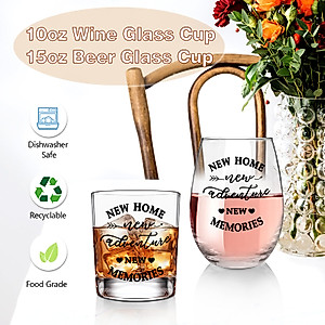 ONEHAUS New Home New Adventures Wine and Whiskey Glass Gift Set - Unique Housewarming Gift for New Homeowners - New Home Gift Ideas for Women and Men