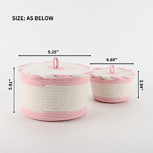 Round Baskets with Lids,Decorative Baskets Set of 2,Cotton Rope Lidded Organizing Basket for Shelves and Coffee Tables (Pink)
