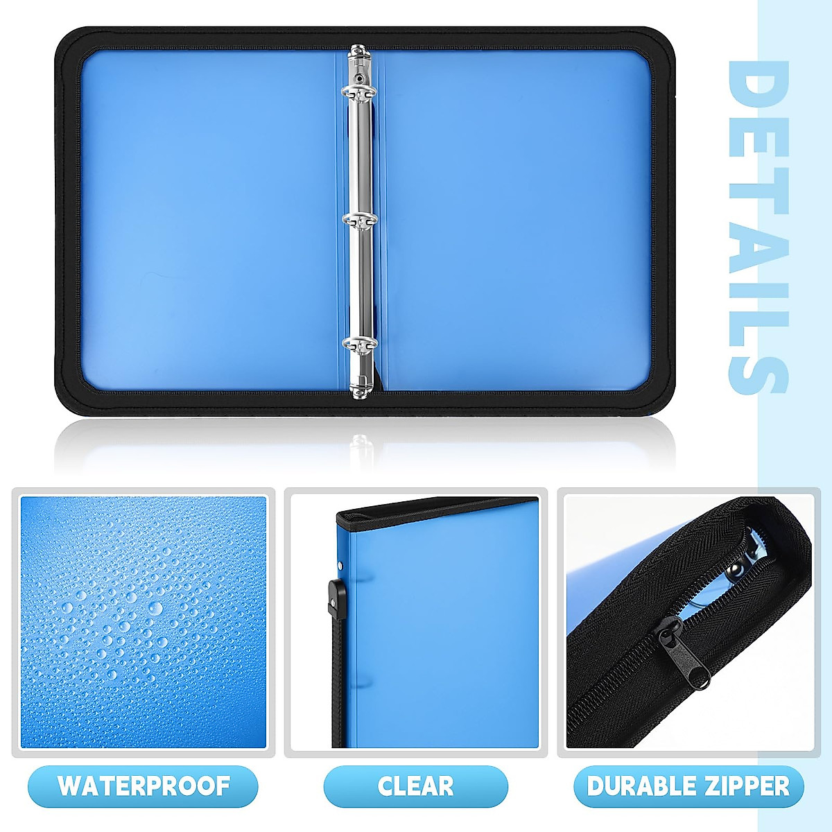 Teling 8 Pack 1 Inch Binder Blue Zipper Binder with 3 Ring Cover Zipper, Refillable Plastic Clear File Organizer Planner for Projects, Assignments, Memos, School Work