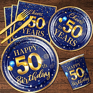 50th Birthday Decoration Men-142pcs Navy Blue and Gold Birthday Tableware Set(Serve for 20) Include Happy 50th Birthday Banner Plates Cups Napkins Tablecloth for Men 50th Birthday Party Supplies (50)